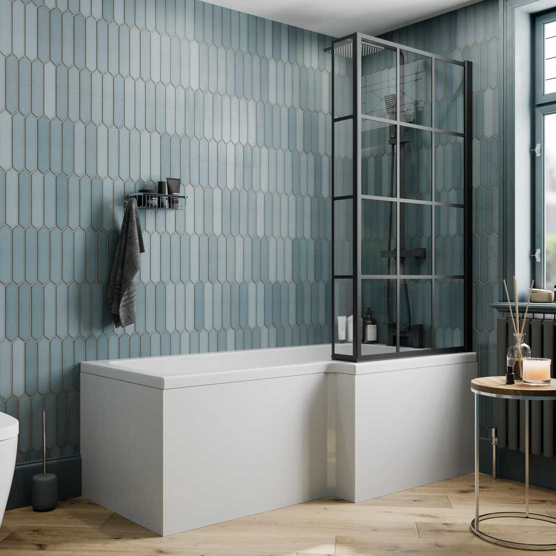 Square Grid Bath Shower Screen with Fixed Return Panel - Black