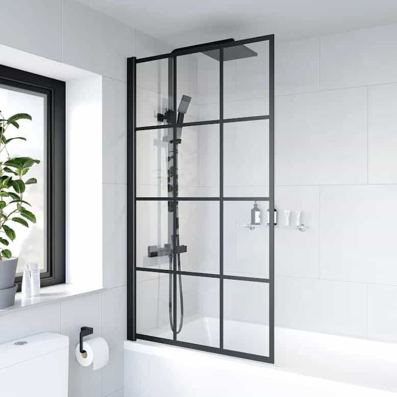 Luxura Square Grid Bath Shower Screen 800mm - 6mm Matt Black