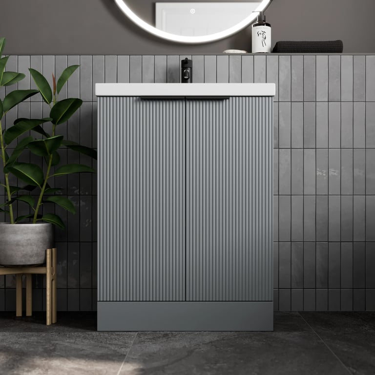 Artis Fluted Grey Freestanding Bathroom Vanity Unit with Basin & Black ...