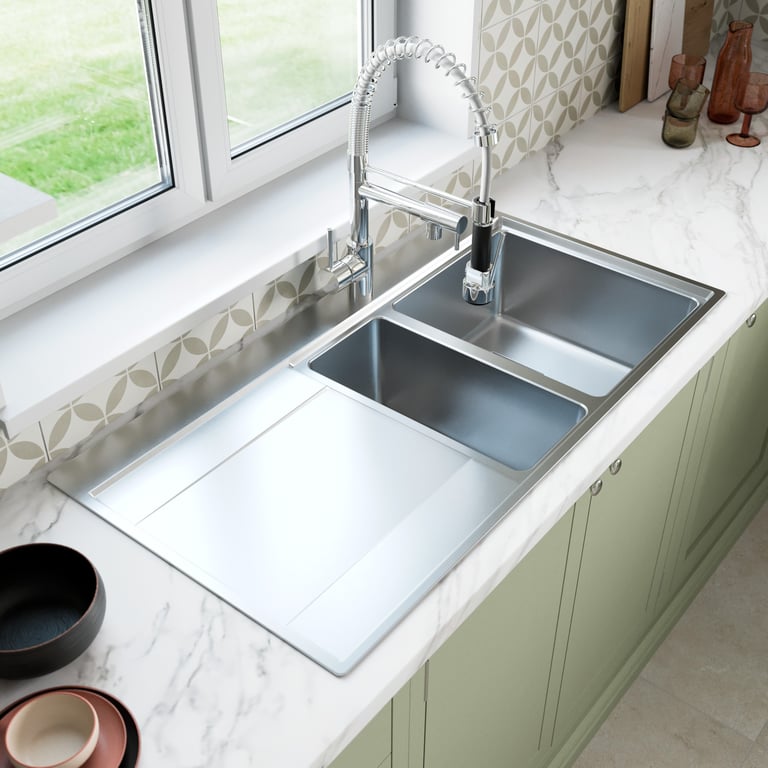 Sauber 1.5 Bowl Square Inset Stainless Steel Kitchen Sink with Left ...