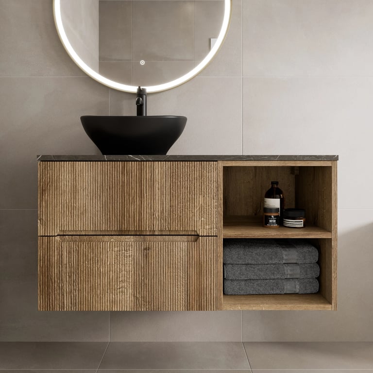 Vitusso Fluted Wood/Grey Vanity Unit, Oval Basin, Black 1000mm