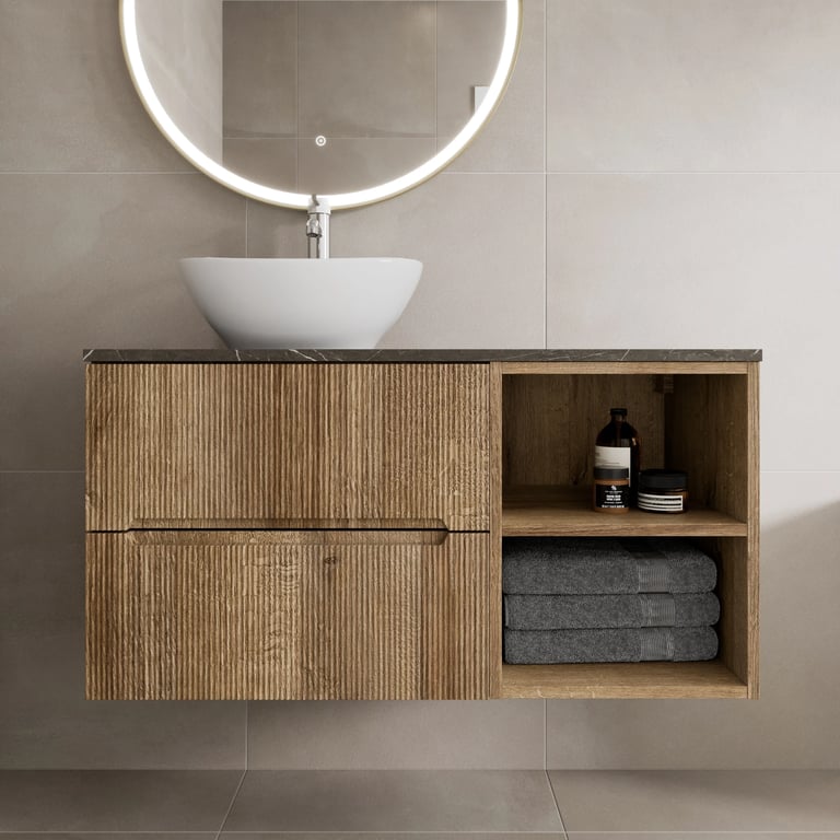 Vitusso Fluted Wood/Grey Vanity Unit, Oval Basin, White 1000mm