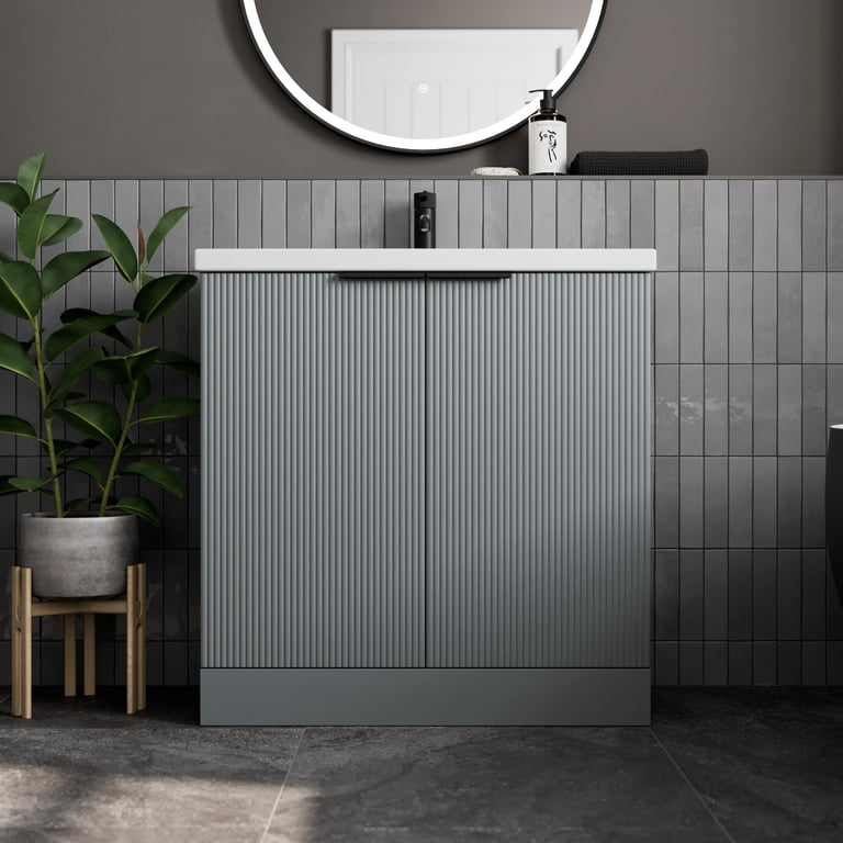 Artis Fluted Grey Freestanding Bathroom Vanity Unit with Basin & Black ...