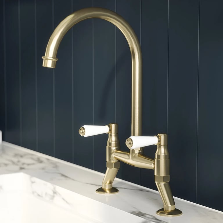 Eastlake Traditional Brass Bridge Kitchen Mixer Tap White Levers