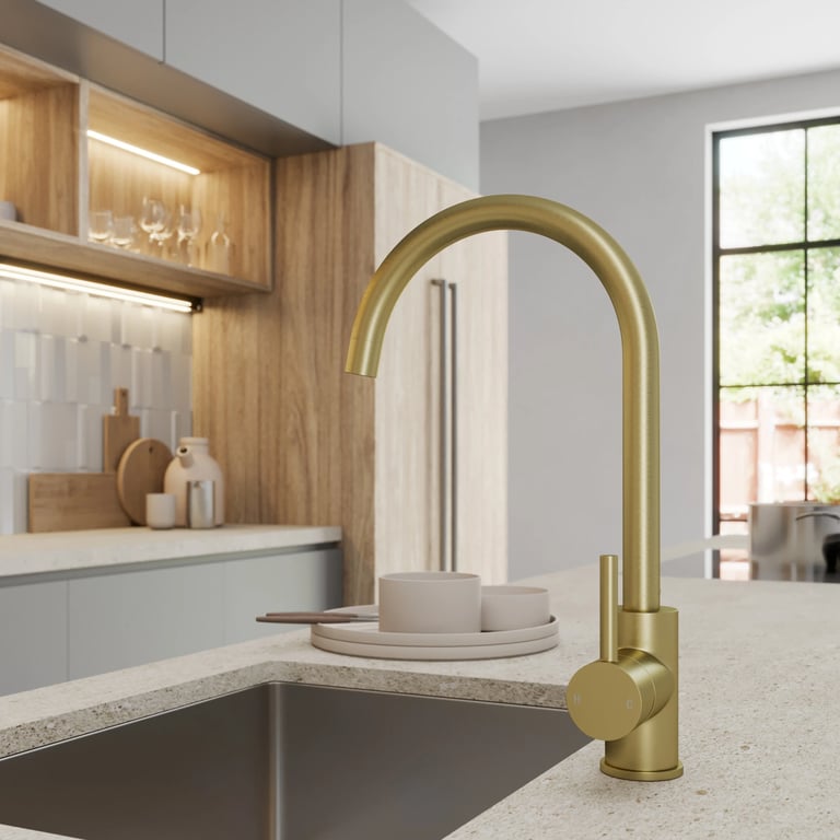 Sauber Carena Brushed Brass Kitchen Mixer Tap - Swan Neck