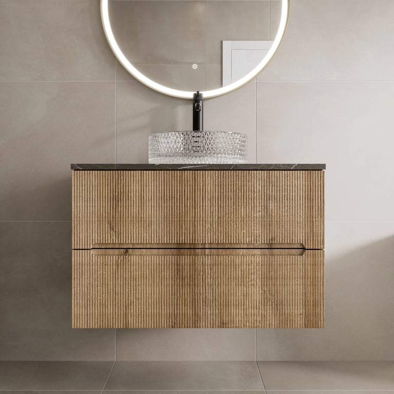 Vitusso Fluted Wood/Grey Vanity Unit, Round Glass Basin 800mm