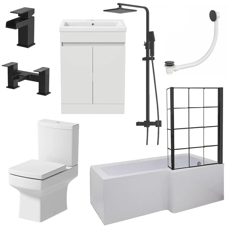 Affine Royan Black Bathroom Suite with L Shape Shower Bath 1700 & Artis ...