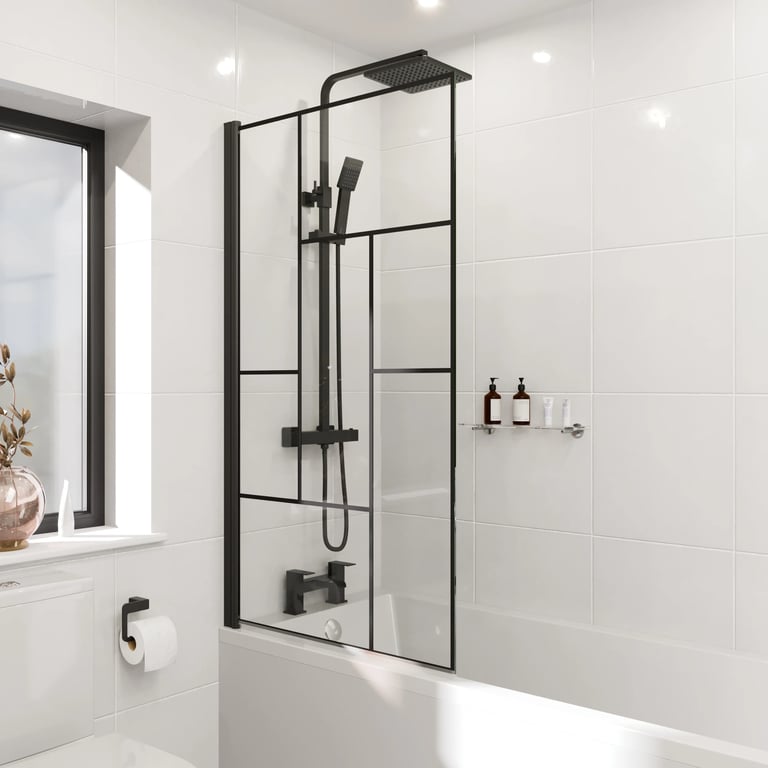 Luxura Square Abstract Grid Bath Shower Screen 800 Black 6mm