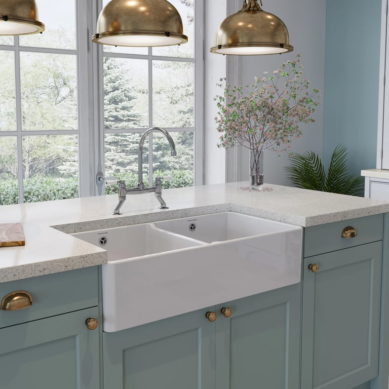 Rangemaster Farmhouse Double Bowl Ceramic Sink with Waste - CFBL900WH/