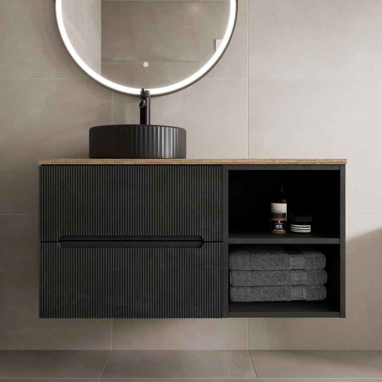 Vitusso Fluted Black/Oak Vanity Unit Round Fluted Basin Blk 1000