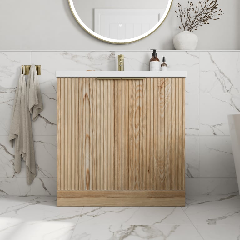 Artis Fluted Wood Freestanding Vanity Unit & Basin 800mm - Brass