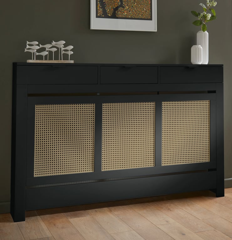 Vale Designs Rattan Black Radiator Cover - Large with Drawers