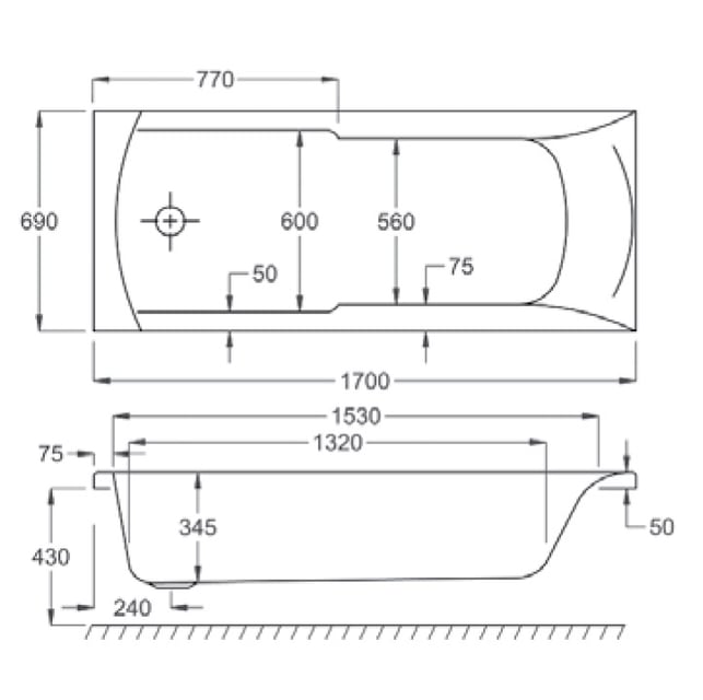 Carron Axis Single Ended Bath 1700 x 700mm No Tap Hole - 02037