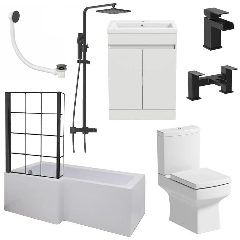 Affine Royan Black Bathroom Suite with L Shape Shower Bath 1700 & Artis ...