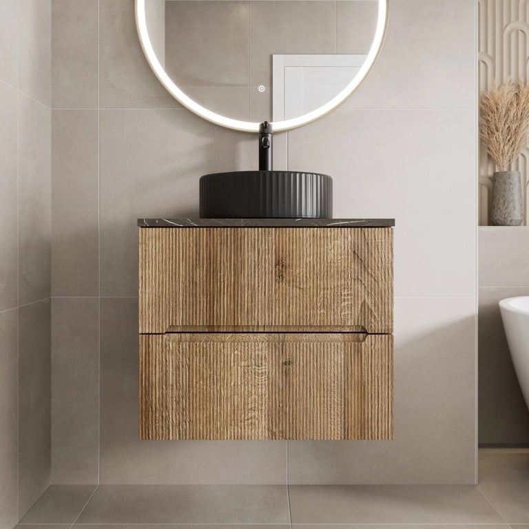 Vitusso Fluted Wood/Grey Vanity Unit Round Fluted Basin Blk 600mm