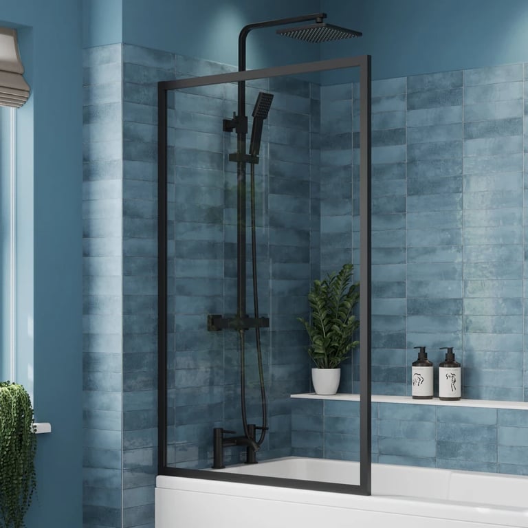Luxura Square Fixed Bath Shower Screen 800mm - Matt Black 6mm