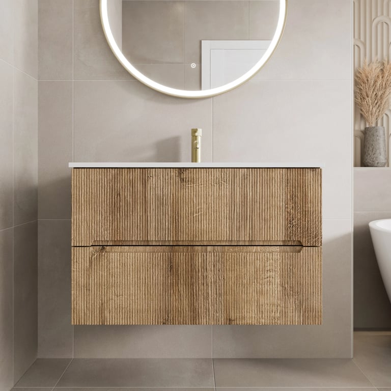 Vitusso Fluted Wood Wall Hung Bathroom Vanity Unit with Basin 800mm