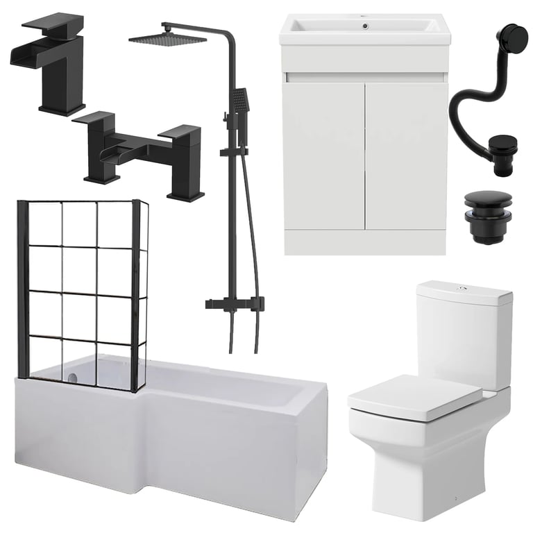 Affine Royan Black Bathroom Suite with L Shape Shower Bath 1700 & Artis ...