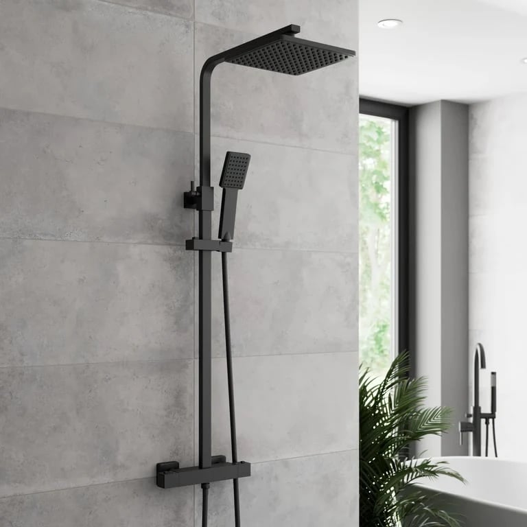 Merano Thermostatic Dual Head Square Bar Mixer Shower, Black Cool Touch