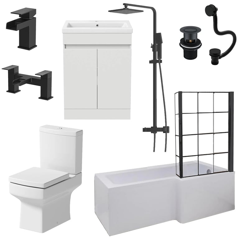 Affine Royan Black Bathroom Suite with L Shape Shower Bath 1700 & Artis ...
