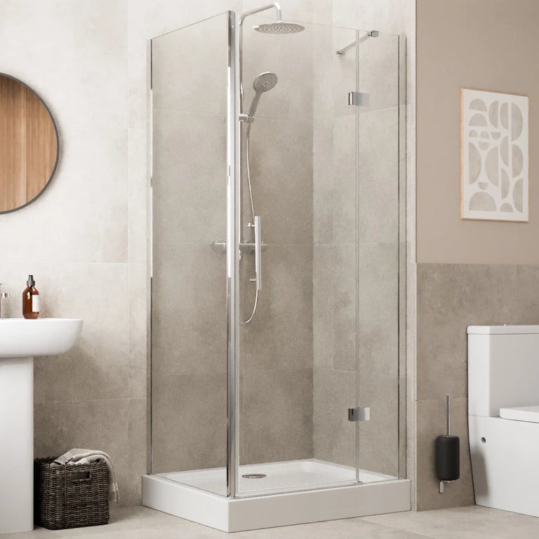 Diamond Frameless Hinged Shower Enclosure 900 x 760 mm with Raised Tray ...