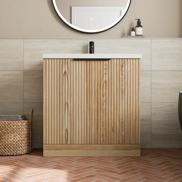 Artis Fluted Wood Freestanding Bathroom Vanity Unit with Basin & Black ...