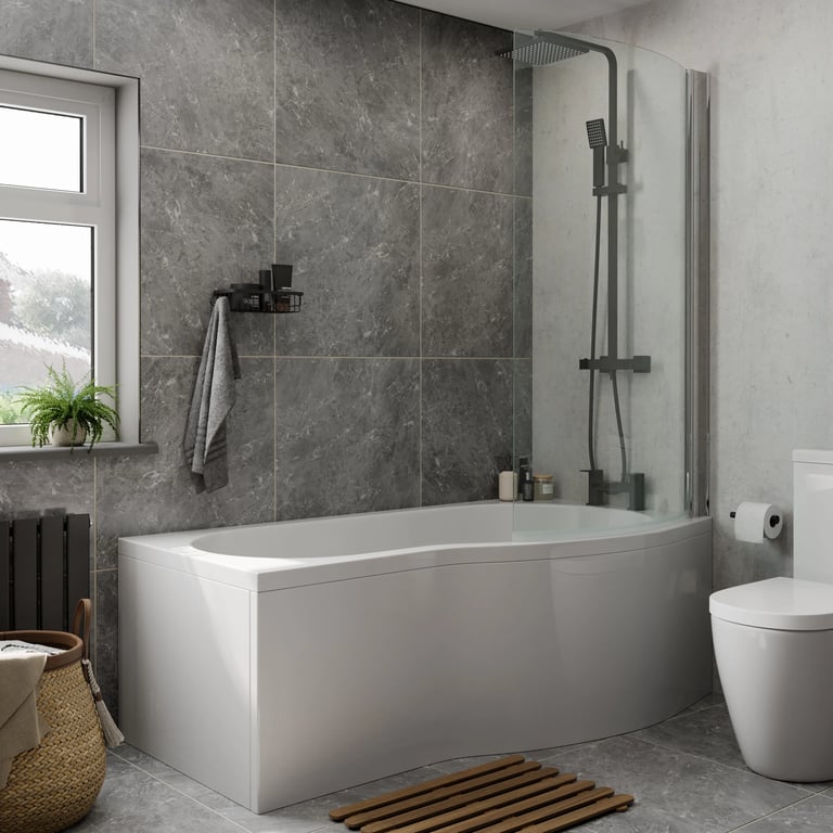 Ceramica P Shaped Shower Bath Bundle 1700mm R w/ Screen, Panels