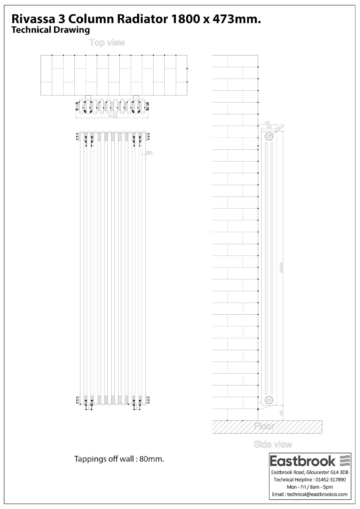 Solaro Rivassa 1800 x 473mm Traditional 3 Column Vertical Radiator ...