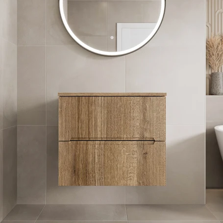 Vitusso Fluted Wood Wall Hung Bathroom Vanity Unit without Basin 600mm Oak Top