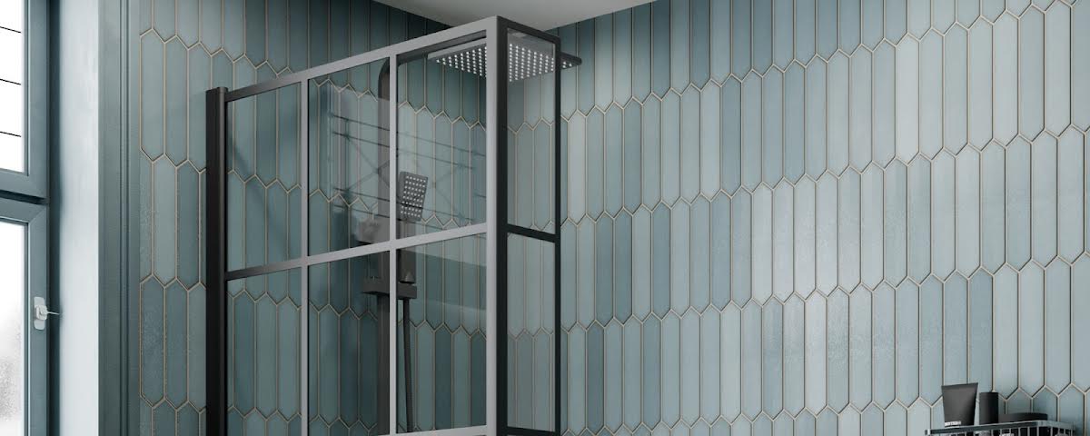 Ceramica L Bath Bundle 1700mm LH Black Grid Shower Screen &Panels