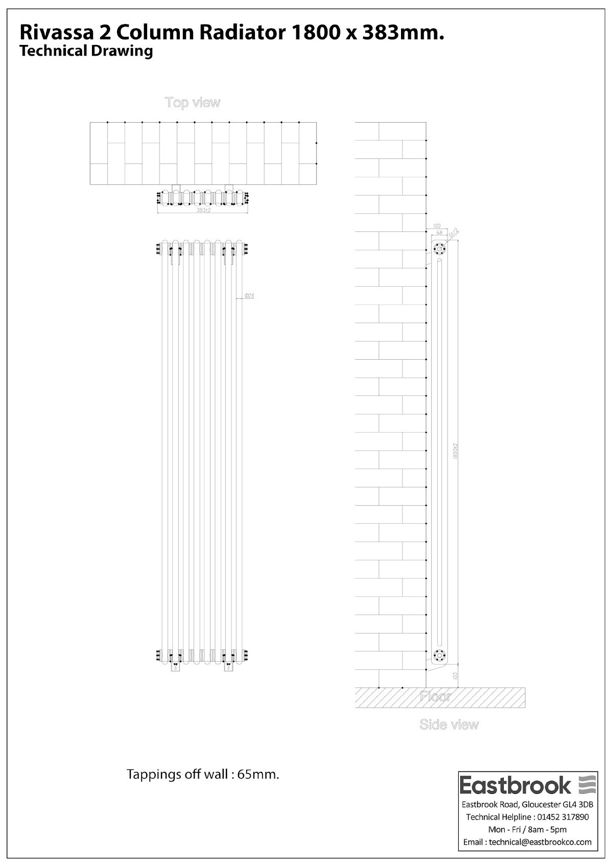 Solaro Rivassa 1800 x 383mm Traditional 2 Column Vertical Radiator ...