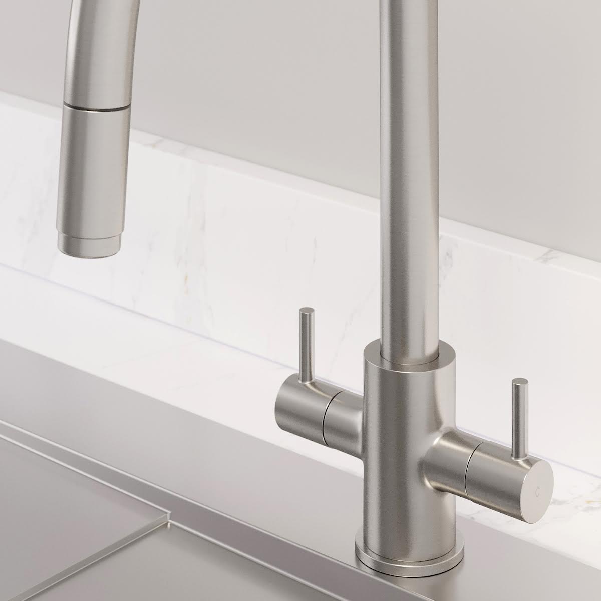 Sauber Thun Pull Out Kitchen Tap - Dual Lever Brushed Nickel