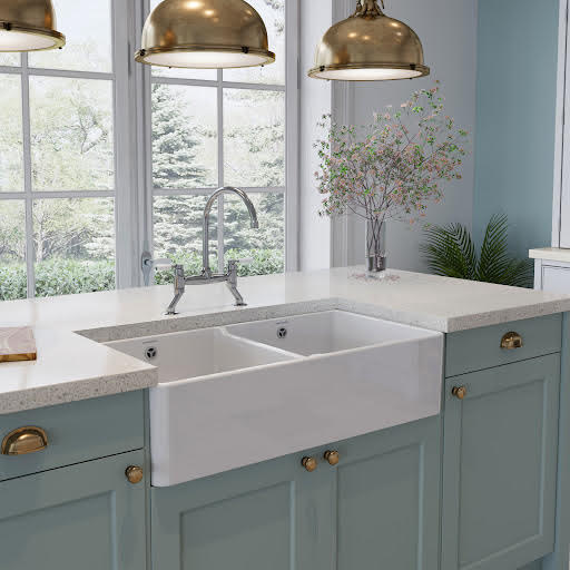 Rangemaster Farmhouse Double Bowl Ceramic Sink with Waste - CFBL900WH/