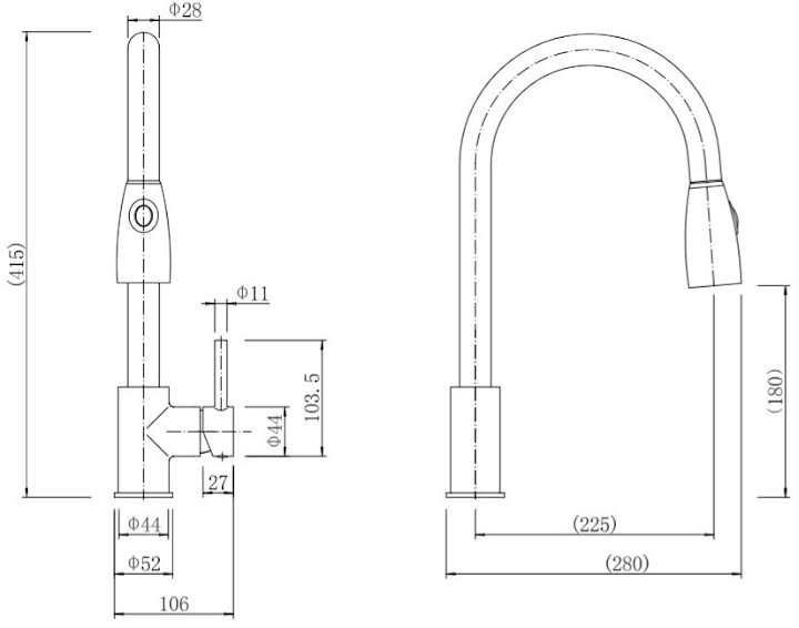Sauber Baden Pull Out Kitchen Tap - Single Lever Brushed