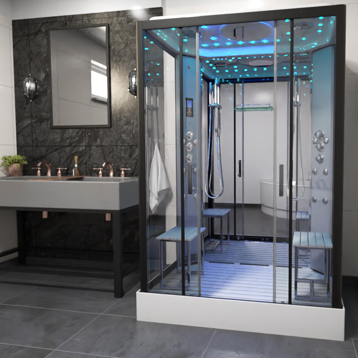 Insignia Platinum Black Frame Twin Steam Shower Cabin 1400 x 900mm ...