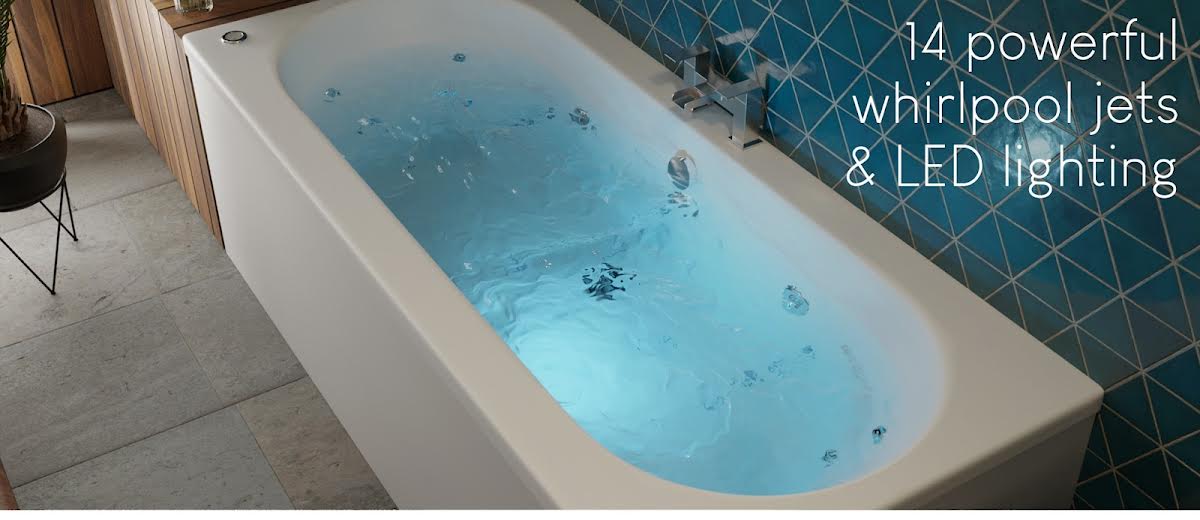 Vitura Curved Whirlpool Bath with 14 Jets & LED Lights - Double Ended ...