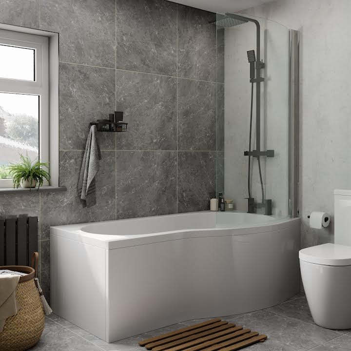 Ceramica P Shaped Shower Bath Bundle 1700mm R w/ Screen, Panels