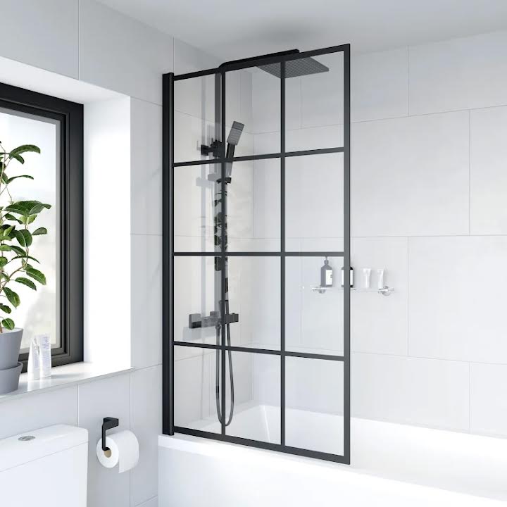 Luxura Square Grid Bath Shower Screen 800mm - 6mm Matt Black