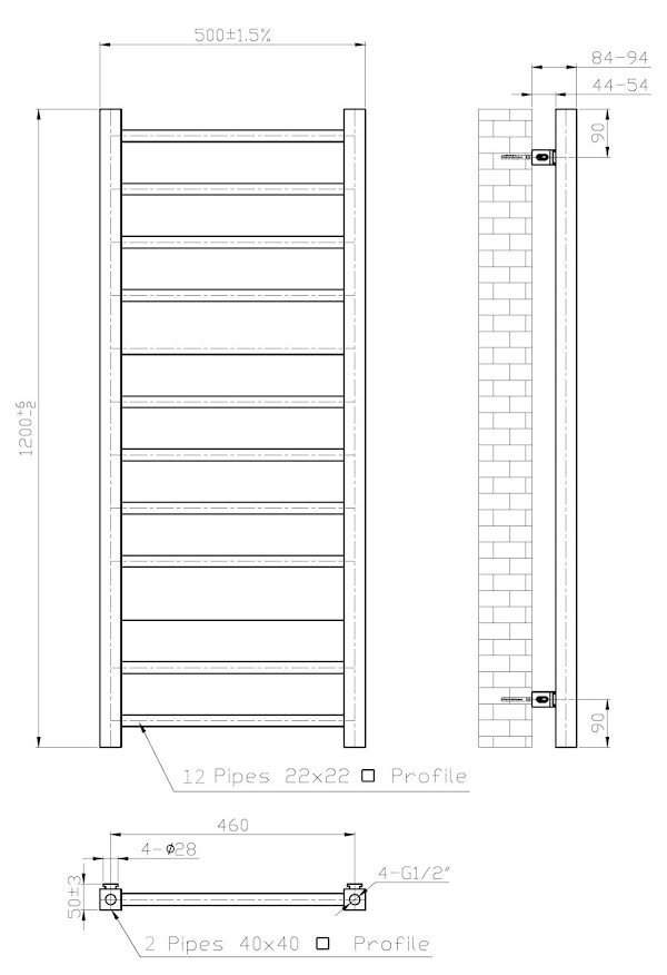 Solaro Square Bar Towel Radiator Brushed Brass - 1200 x 500mm