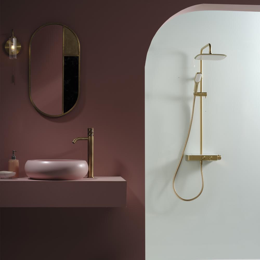 Triton Push Button Dual Head Thermostatic Bar Mixer Shower - Brushed Brass