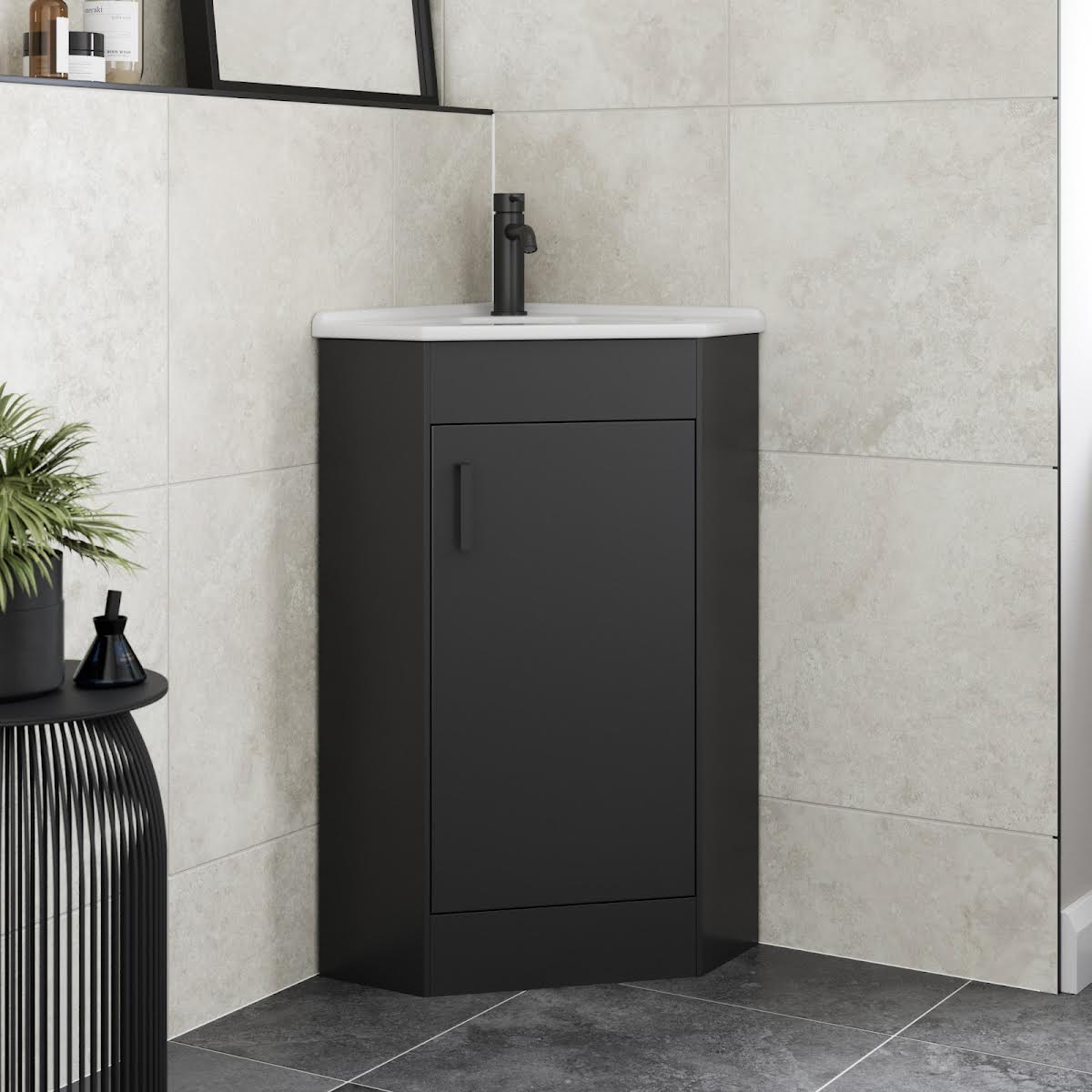 Alpine Black Corner Vanity Unit with Basin - 585mm - Single Door