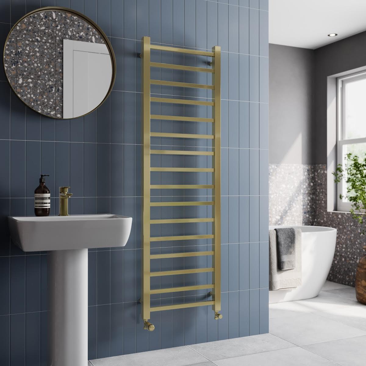 Solaro Square Bar Towel Radiator Brushed Brass - 1600 x 500mm