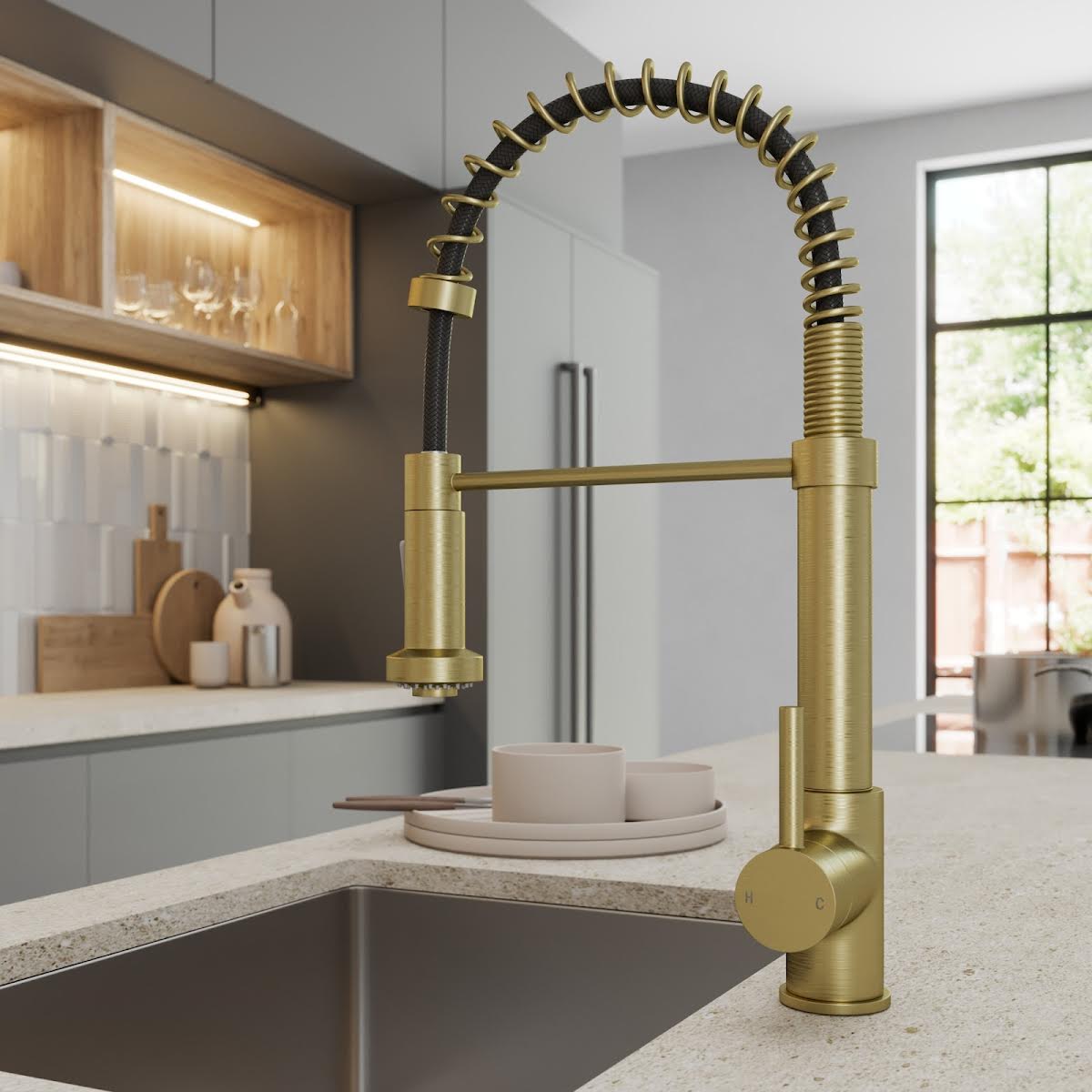 Sauber Carena Flexible Pull Out Kitchen Tap Brushed Brass