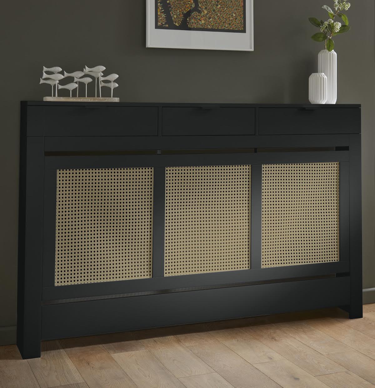 Vale Designs Rattan Black Radiator Cover - Large with Drawers