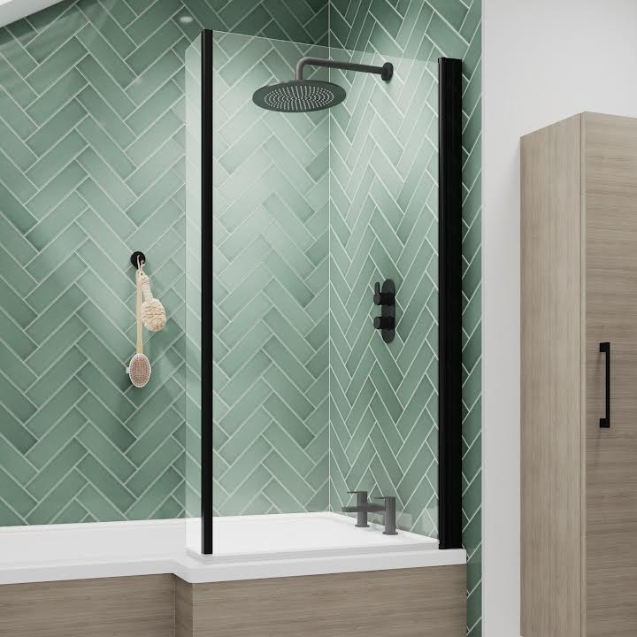 Square Bath Shower Screen with Fixed Return Panel - Black Profile