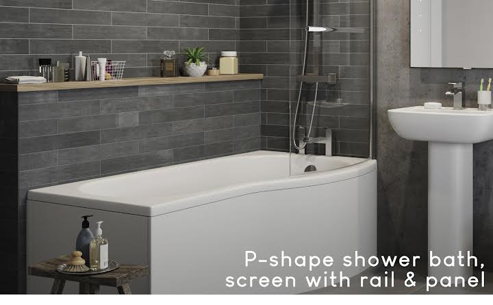Ceramica P Shaped Bath Bundle 1700 Right - Inc. Shower Screen with Rail ...