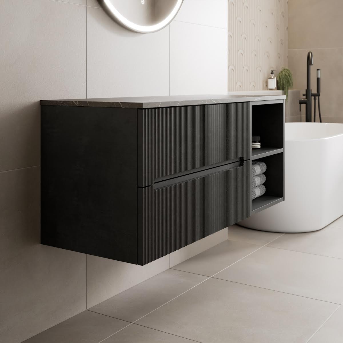 Vitusso Fluted Black Wall Hung Bathroom Vanity Unit without Basin ...