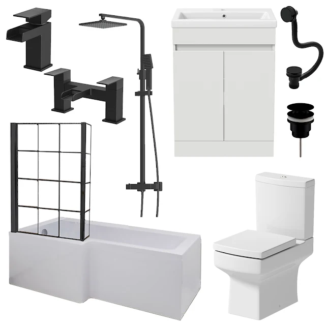 Affine Royan Black Bathroom Suite with L Shape Shower Bath 1700 & Artis ...