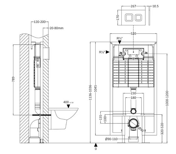Ceramica Concealed Cistern and Frame - Square Buttons 520 x 1336mm
