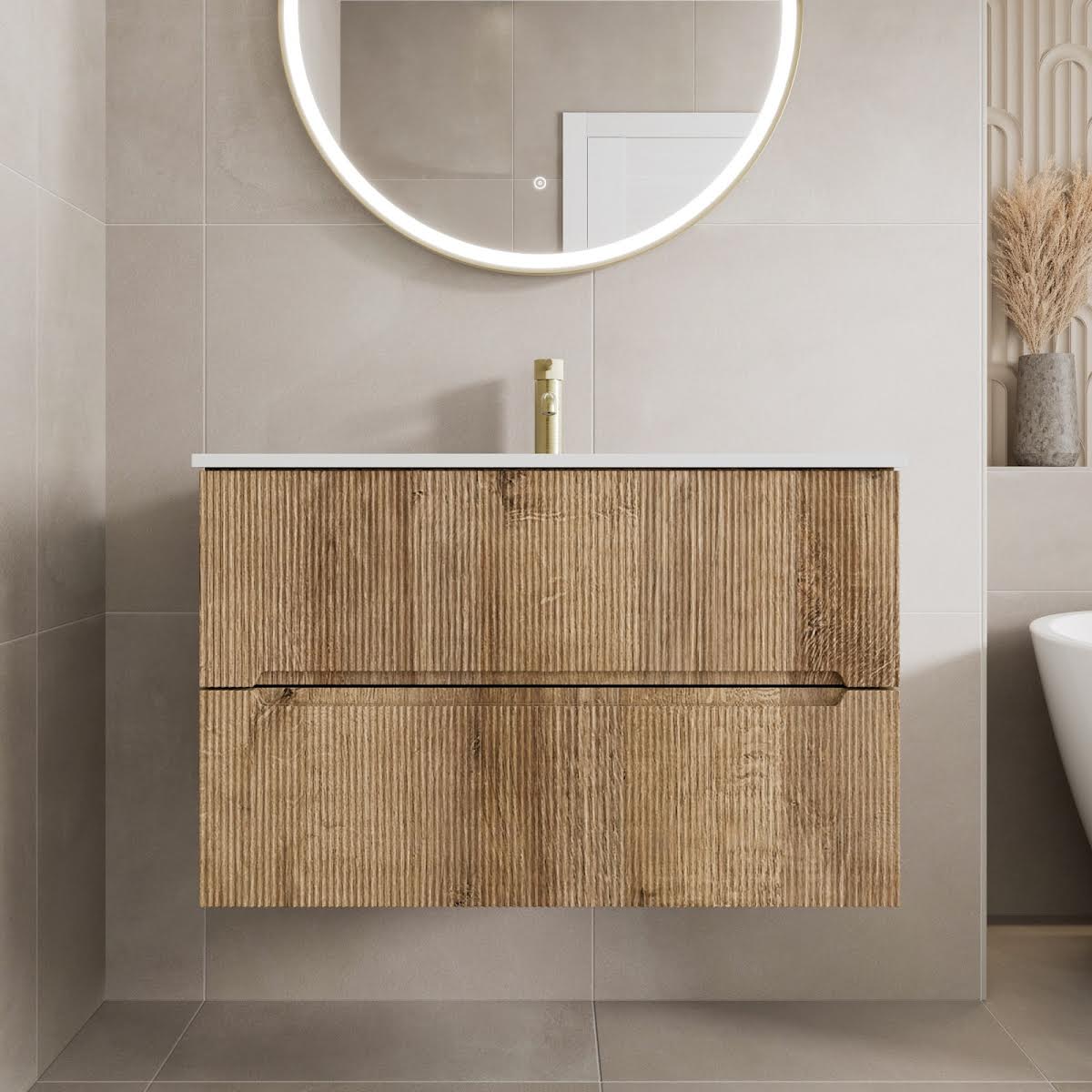 Vitusso Fluted Wood Wall Hung Bathroom Vanity Unit with Basin 800mm